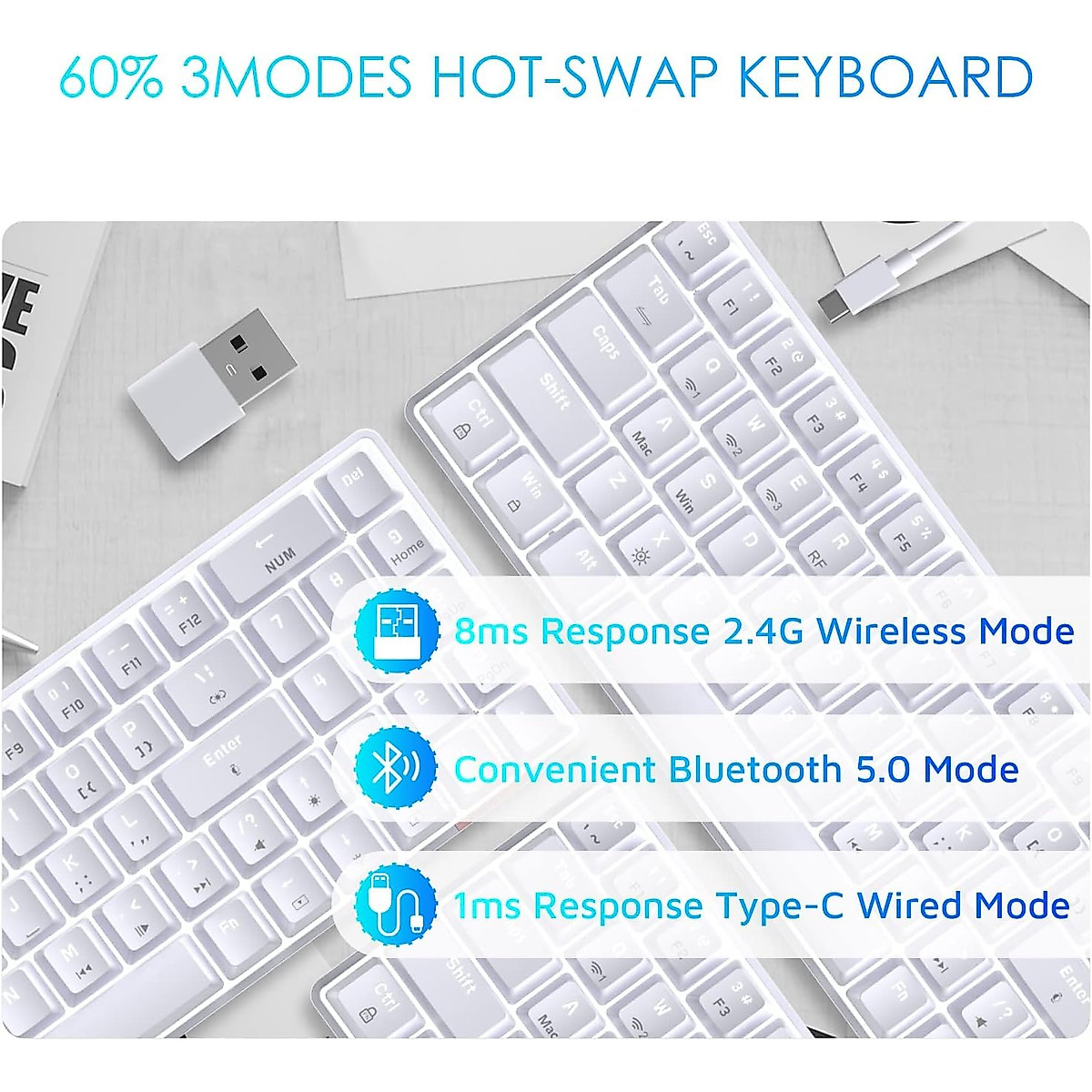 A.JAZZ AK692 Compact Hot-Swappable Wireless Number Pad Mechanical Gaming Keyboard 5.0 Bluetooth Type C Wired Mode 4000 mAh Rechargable Light up for Mac Laptop IP ad PC Phone PS4 Gamer Office - White