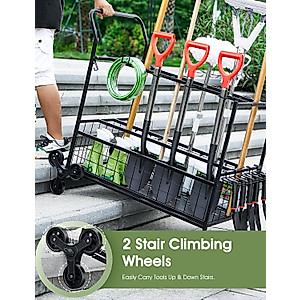 Heavy-Duty Garden Tool Organizer for Garage with 2 Stair-Climbing Wheels, Lawn & Yard Tool Storage Rack, Garage Tool Cart with Lockable Wheels, Outdoor Garden Tool Storage for Sheds
