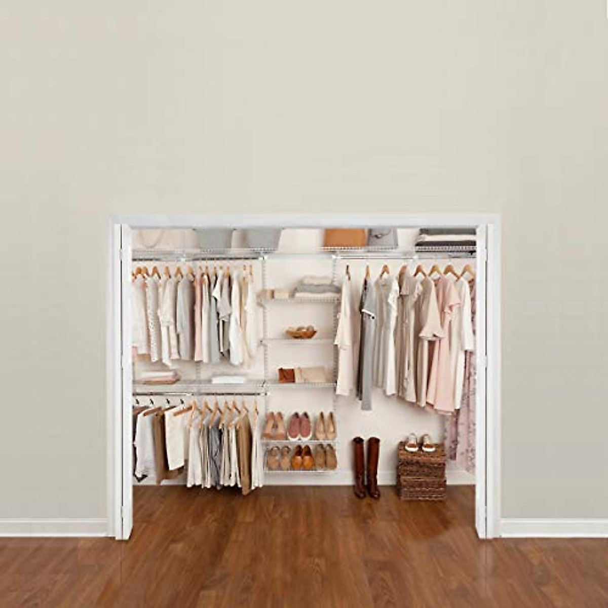 Rubbermaid Fasttrack Closet Kit, White, 6-10 Ft, Wire Shelving Kit & Configurations Sliding Basket for Closet Drawer Organization, Sturdy Slide Out Basket, White