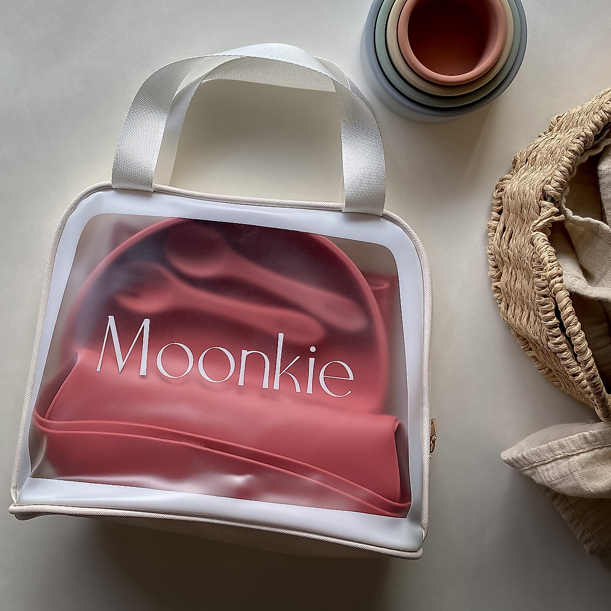 Baby Self Feeding Utensils Set, Toddler Led Weaning Feeding Supplies -Adjustable Silicone Bibs, Silicone Suction Divided Plate with Silicone Placemat,Spoon,Fork - Aids Self Feeding Kit (Warm Pink)