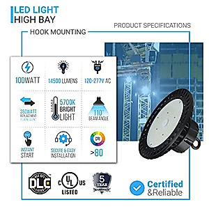 LEDMyplace LED High Bay Lights 100W 5700K Daylight White UFO High Bay Black LED Shop Lights for Garage Factory Workshop Warehouse Lighting 14500lm IP65 UL DLC Approved