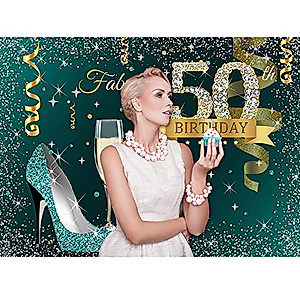 Sensfun Teal Gold Happy 50th Birthday Backdrop Glitter Silver Dots High Heels Champagne Glass Photography Background for Women Fabulous 50 Birthday Party Decorations Banner Photo Backdrops 7x5ft