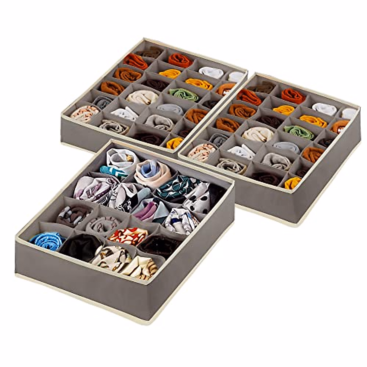 Secret Space Sock and Underwear Organizer 3 Pack, Large Capacity 64 Cell Sock Drawer Organizer Divider, Sturdy Closet Drawer Organizer and Storage Box for Socks, Panties, Ties, Belts, Dark Grey