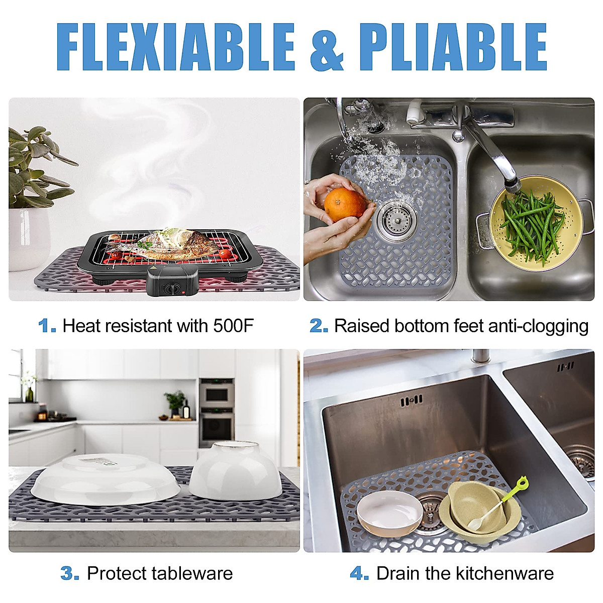 JUSTOGO Silicone Sink Mat, Grey Kitchen Sink Mats Grid Accessory, 2 PCS Folding Non-Slip Sink Protector for Kitchen Bottom of Farmhouse Stainless Steel Porcelain Sink (Center Drain, 13.58''x 11.6'')