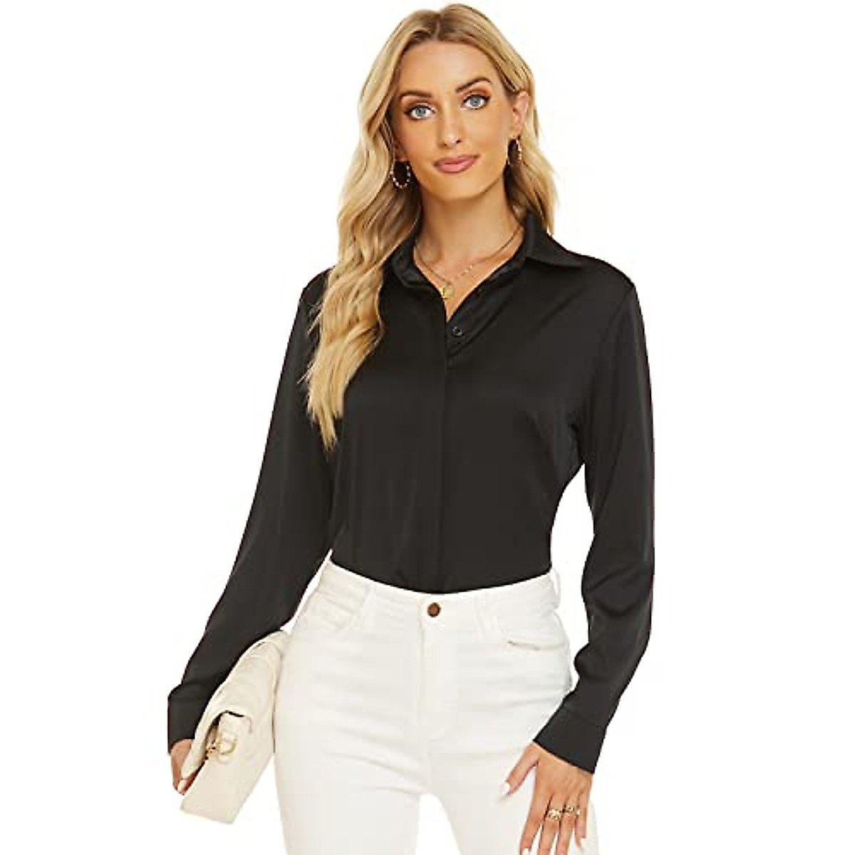 Escalier Women's Satin Silk Long Sleeve Button Down Shirt Casual Work Office Silky Blouse Top (Black, Small)
