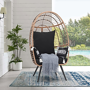 JOIVI Wicker Egg Chair, Oversized Indoor Outdoor Lounger Large Egg Basket Chair with Stand and Cushions for Patio Porch, Backyard, Living Room, Balcony (Beige Rattan, Black Cushion)