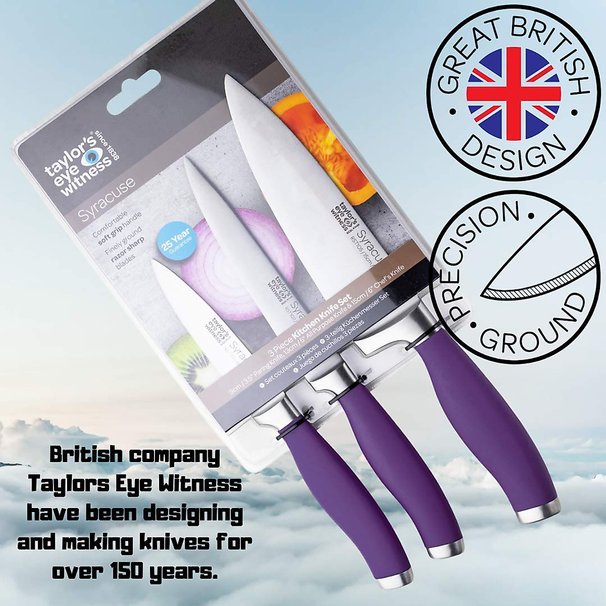 Taylors Eye Witness Syracuse Kitchen Knife 3pce Set - Paring 8cm/3.5”, Chefs 15cm/6” & Cooks All Purpose 13cm/5” Cutting Edge. Ultra Fine, Razor Sharp Blade. Soft Textured Grip Purple Colour Handle