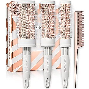 Round Brush Set for Women - Luxury Hair Brushes - Blowout Round Barrel Hairbrush for Blow Drying with Tail Comb by Lily England (White & Rose Gold)