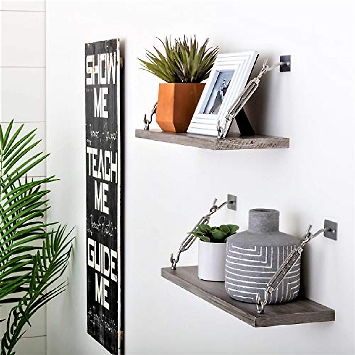 Under.Stated Floating Shelves Wall Mounted Wood Hanging Shelf Set for Bathroom Kitchen Living Room Bedroom Storage (Rustic Grey with Industrial Hardware Set of 2)