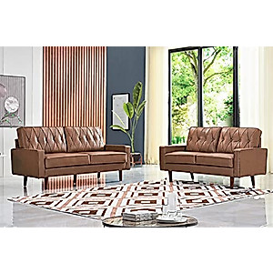 Container Furniture Direct Modern Style Faux Leather Loveseat with Elegant Round Tapered Legs and Button Tufted Backrest Perfect for Living Room, Bedroom or Home Office, 57.5’’ Wide, Brown