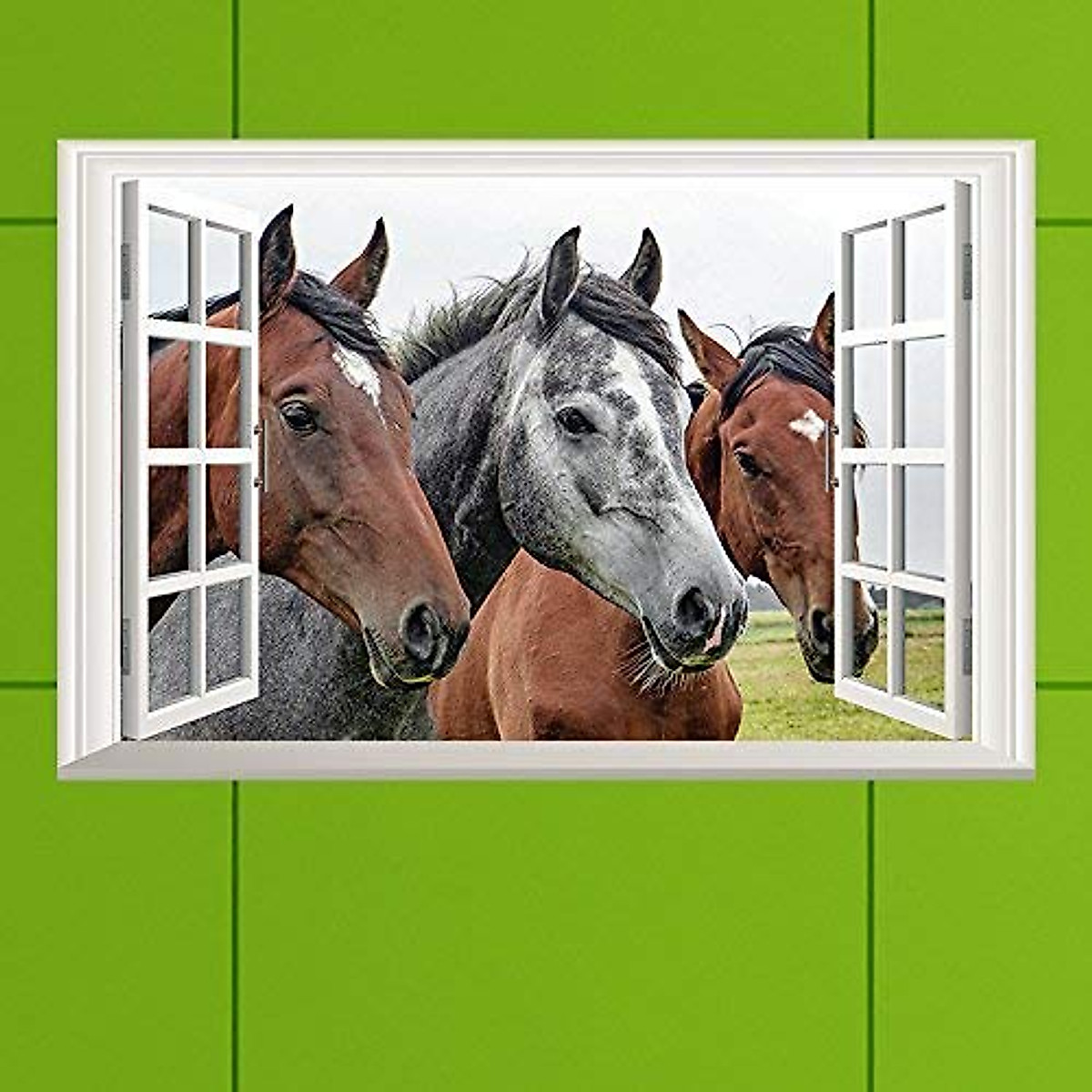 Home Find Horse Wall Decals 3D Faux Window View Decals Removable Fake Window Scene Wall Stickers Home Decor Art Mural Animals for Living Room Kids Room Nursery 23 inches x 15 inches