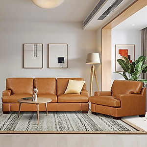 Naomi Home Siggy Genuine Leather Sofa for Living Room, Bedroom - Chair, Sofa - Luxurious Comfort, Goose Feather Cushion Filling, Square Arm Design, Sturdy Block Legs, Elegant, Tan