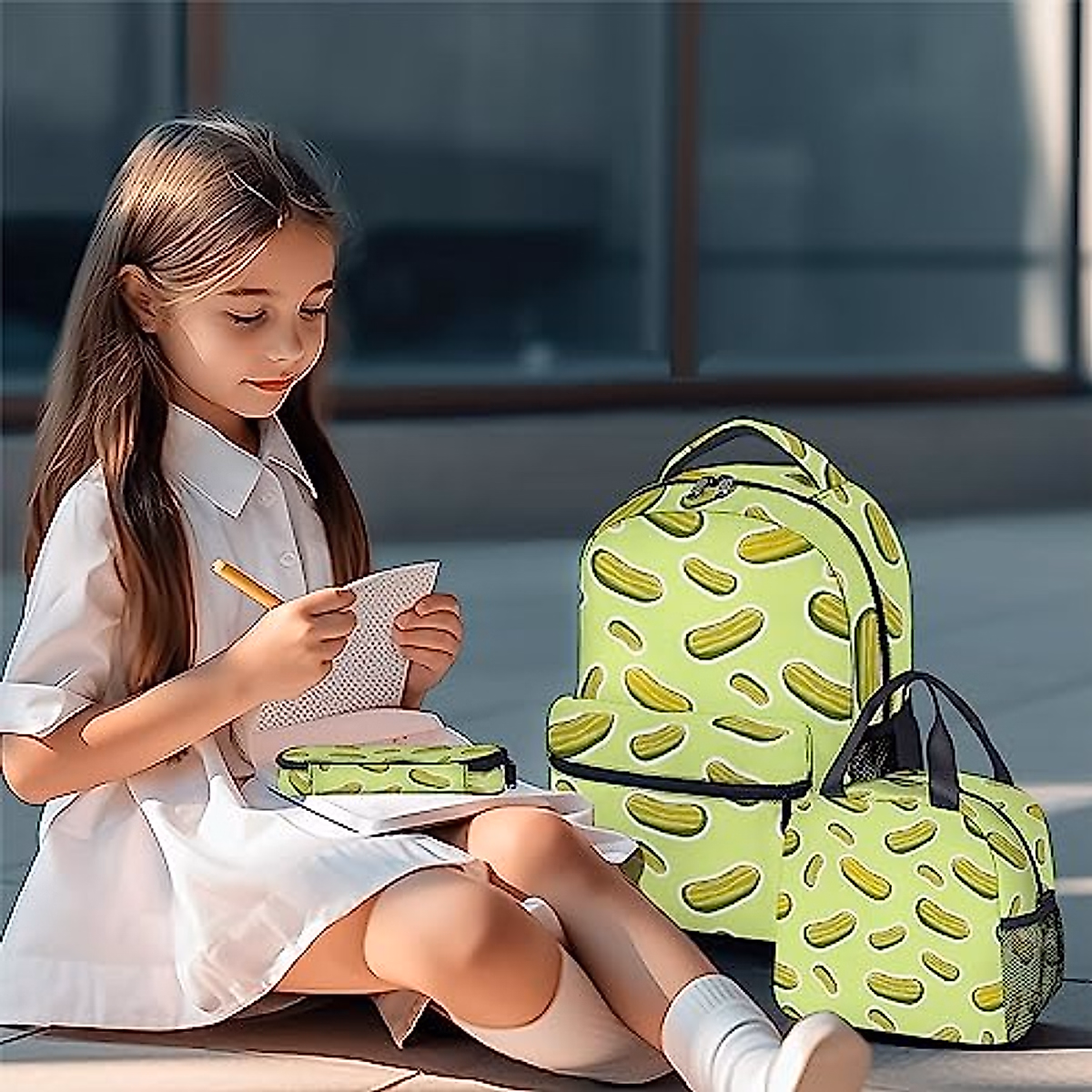 Mercuryelf Pickles Girls Boys Backpack with Lunch Box Set, 3 in 1 School Travel Backpacks Matching Combo, Aesthetic Green Bookbag and Pencil Case Bundle