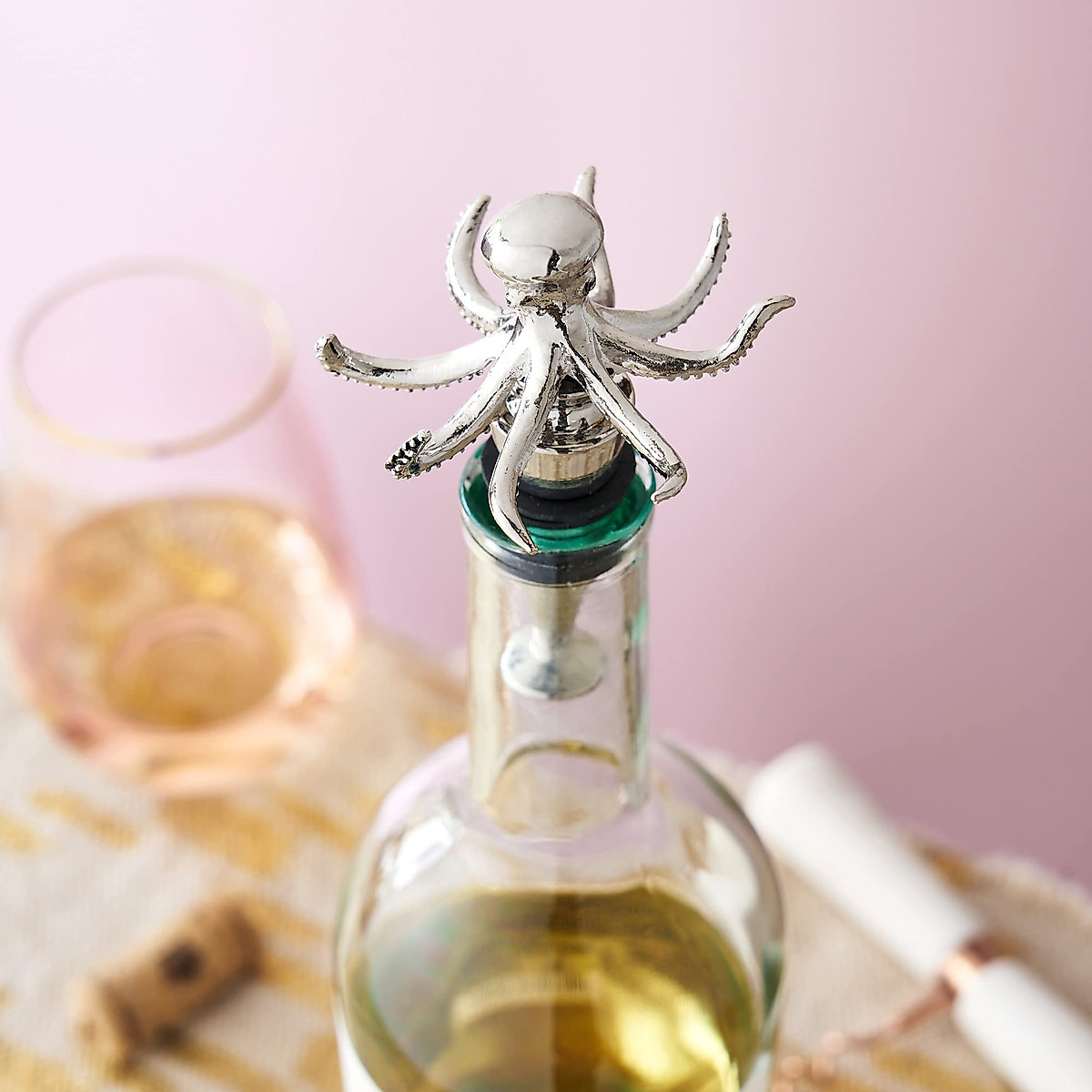 Twine Octopus Wine Bottle Stopper, Keep Wine Fresh, Fits Standard Bottles, Metal, Rubber Seal, Silver, Set of 1