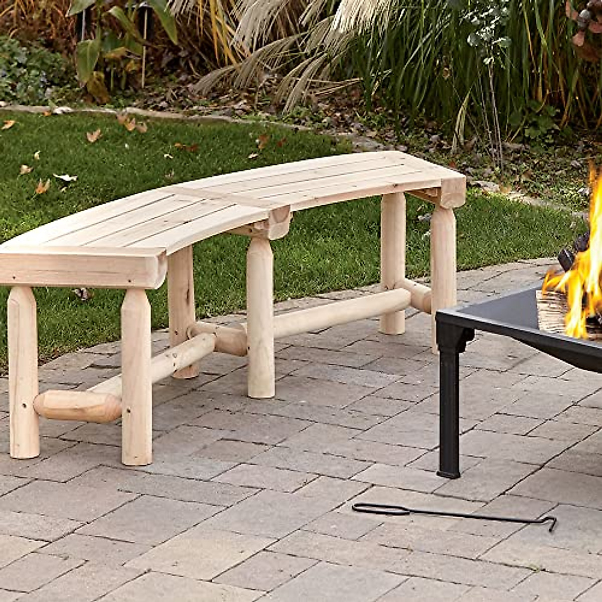 CASTLECREEK Curved Fire Pit Bench, Wood Log Bench Seat, Outdoor, Backyard, Rustic