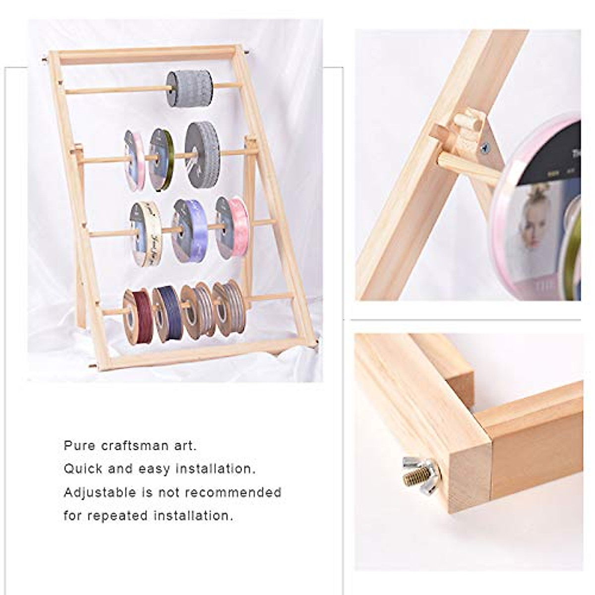 MOCOHANA Large Wooden Ribbon Organizer Rack Wood Lace Dispenser Rolls Curling Spool Storage Container Embroidery Thread Holder Stand