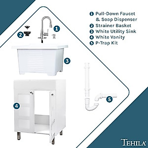 White Utility Sink in White Vanity, Stainless Steel Pull-Down Sprayer Faucet, Soap Dispenser and Spacious Cabinet by JS Jackson Supplies for Garage, Basement, Shop and Laundry Room