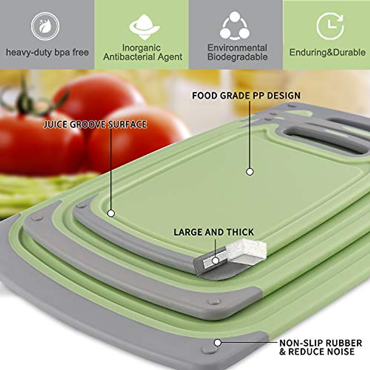 Cutting Boards for Kitchen, Plastic Chopping Board Set of 4 with Non-Slip Feet and Deep Drip Juice Groove, Easy Grip Handle, Dishwasher Safe, BPA Free, Non-porous(Green/Gray)