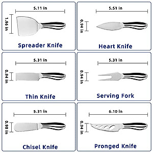 Outamateur 6-Piece Cheese Knives Set,Stainless Steel Cheese Knife Collection of Cheese Slicer/Cutter/Spreader/Fork for Family Parties,Cutlery Gift Set,Charcuterie Boards (6-Piece with SS Handle)
