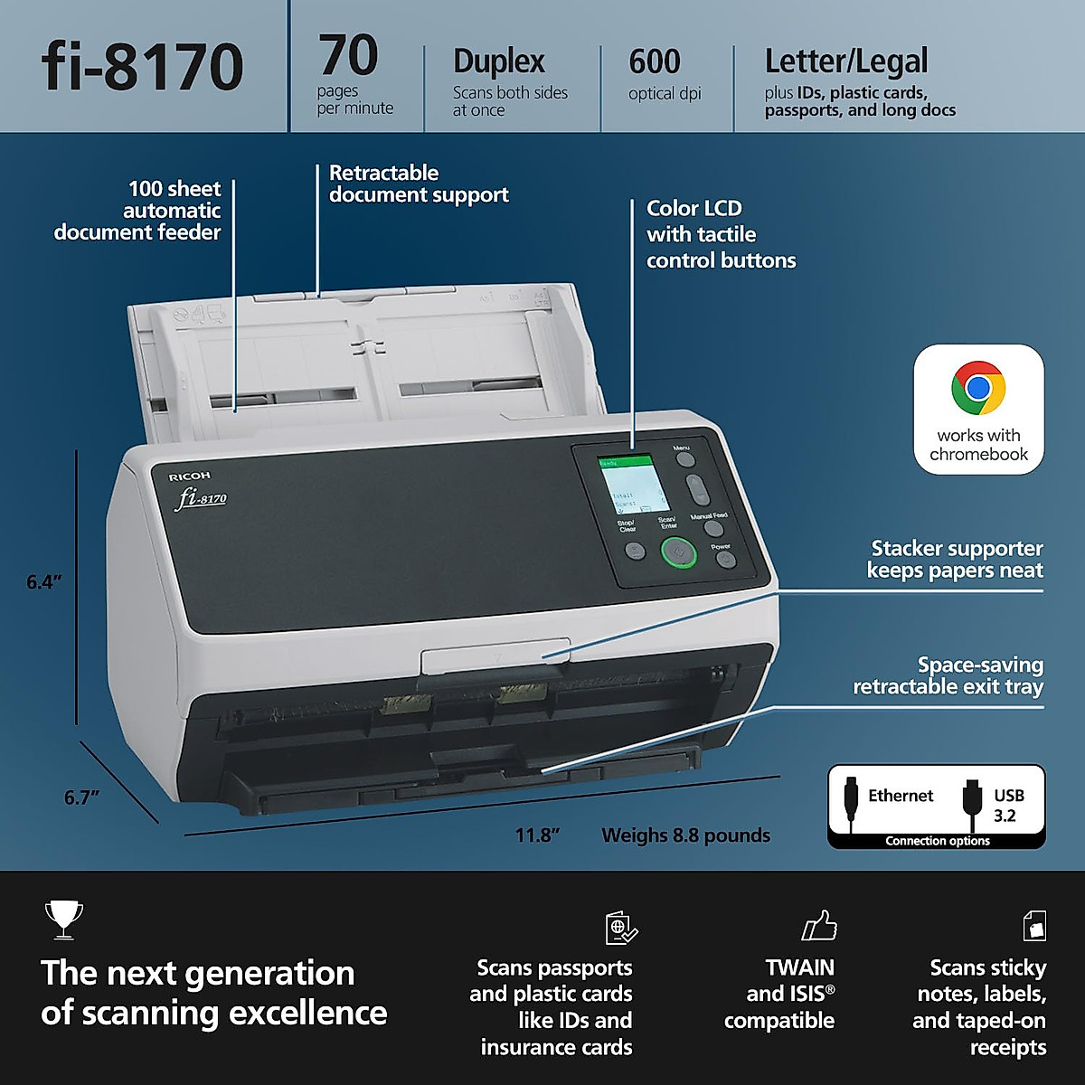 Fujitsu fi-8170 Professional High Speed Color Duplex Document Scanner - Network Enabled