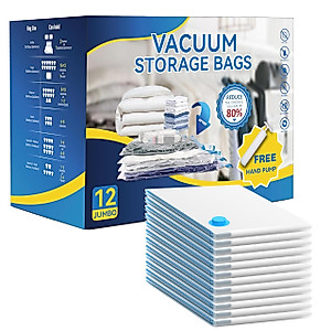12 Jumbo Compression Storage Bags, Vacuum Seal Bags with Hand Pump for Blankets, Comforters, Bedding, Pillows and Clothes Storage