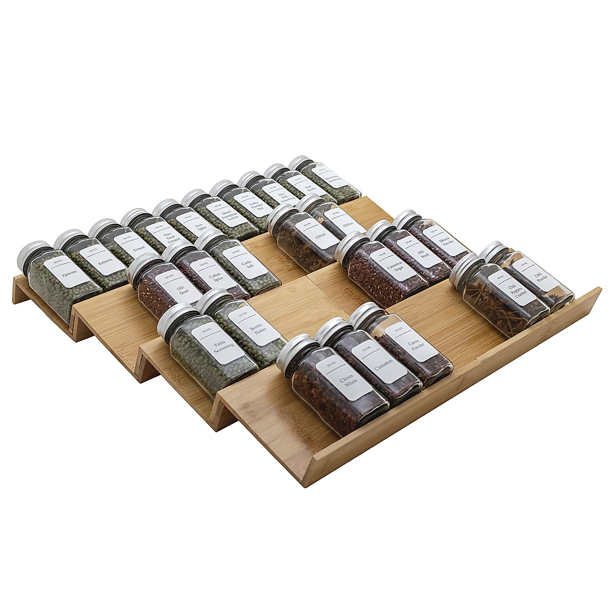 Angimio Bamboo Spice Rack Drawer Organizer - 8 Pieces Set- 9" Wide Per Piece - Combine Pieces Into 18" Wide Rack (9" or 18")