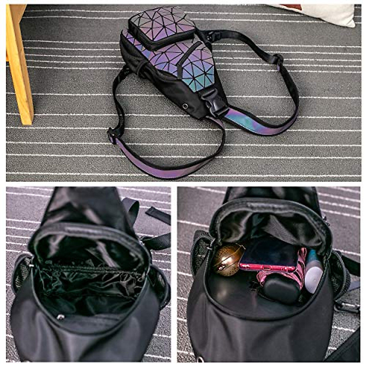 Geometric Luminous Backpacks Holographic Reflective Bag Lumikay Purse Irredescent Crossbody Bag Prism Sling Bag for Women Men NO.1