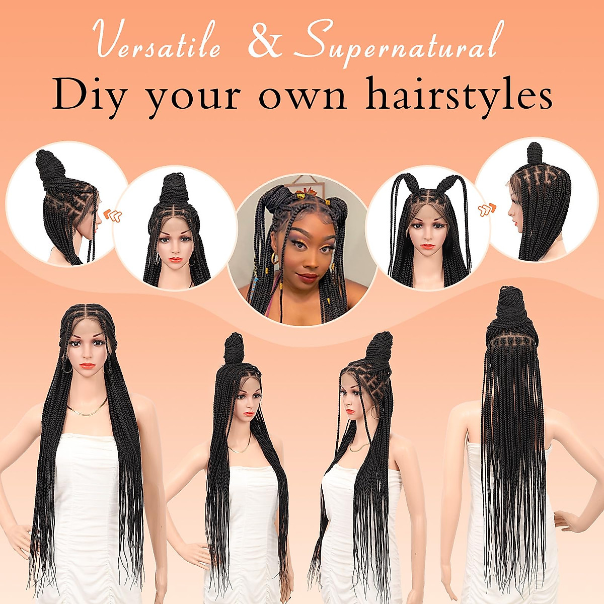 Brinbea 36 inch 13X8" HD Lace Front Braided Wigs Knotless Braided Wigs for Women Box Braid Wig with Baby Hair Human Hair Blended Braided Wigs Long Black