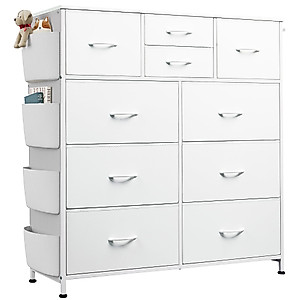 WLIVE White Dresser for Bedroom with 10 Drawers, Chest of Drawers with Side Pockets and Hooks, PU Storage Dresser, Sturdy Metal Frame, Drawers Organizer Unit for Living Room, Hallway, Closet