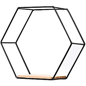 U-M Hexagon Floating Wood Book Shelves, Iron Storage Holder Wall-Mounted Multifunctional Nordic Style Geometric Firm Hexagonal Shelf for Home Bedroom Bathroom Black S1 Nice Design