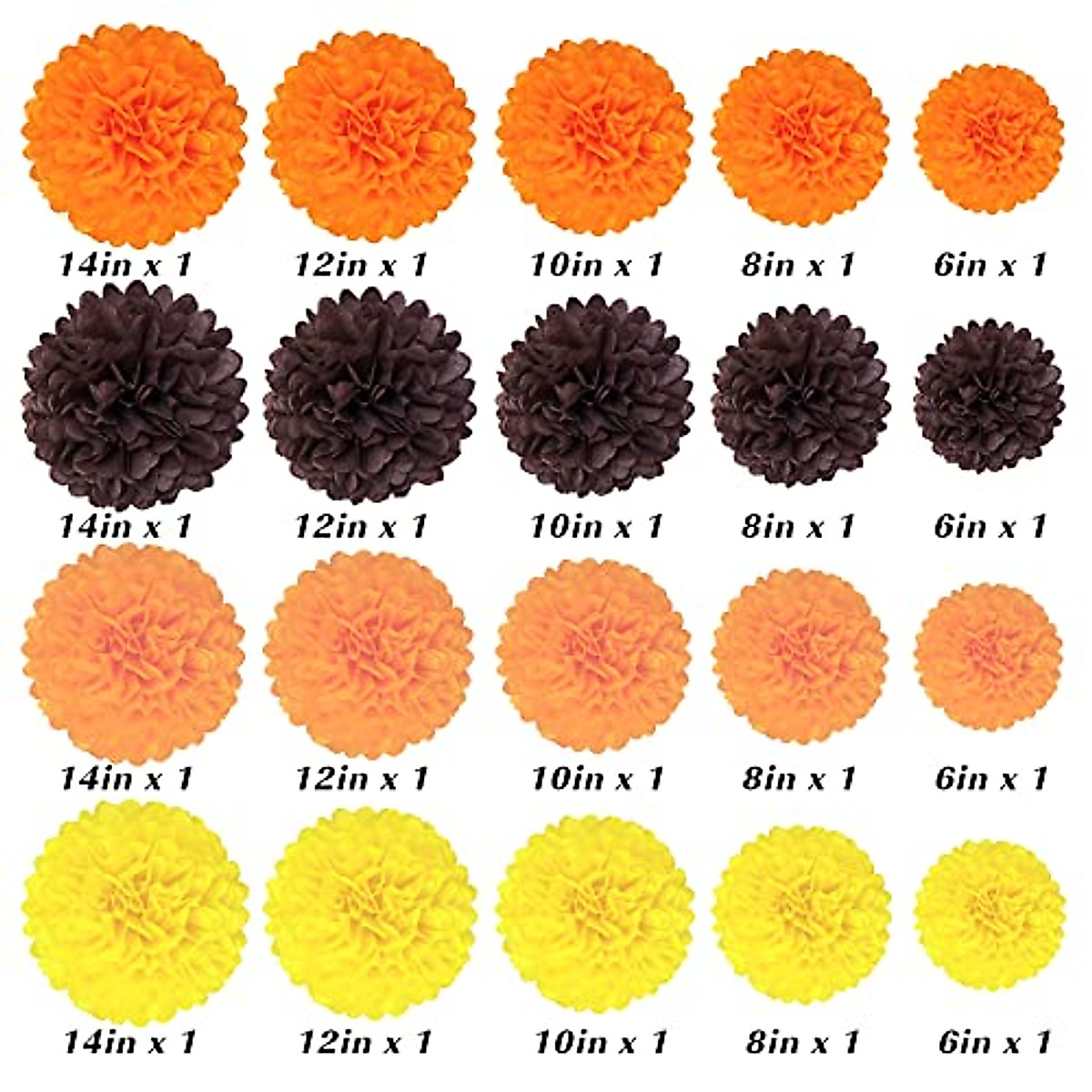 20pcs Decorative Tissue Paper Pom Poms of 14in, 12in, 10in, 8in, 6in for Autumn Party Halloween Birthday Wedding Fiesta Birthday Indoor and Outdoor Decoration (Oranges, Yellow, Brown)