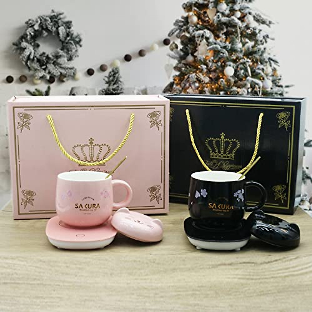 Coffee Warmer with Mug Set,Cute Cat Mug Set Beverage Cup Warmer for Desk Kawaii Mug Birthday Gifts for Women Smart Coffee Mug Warmer Candle Warmer Plate Sister Best Birthday Gift Boxes for Women Pink