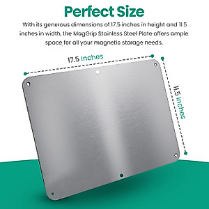 17.5inchX11.5inch Large Stainless Steel Plate for Magnets, 3M Adhesive Back, Mounting Screws, Ideal for Magnetic Shelf, Spice Holders, Fridge Magnets. Mount Anywhere! (Silver, 1 PACK)