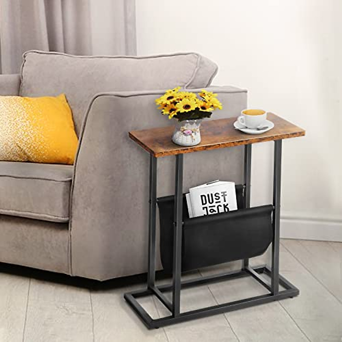 MULISOFT Side Table for Small Spaces, End Table with Magazine Holder, Narrow Side Table for Living Room, Small Table with Metal Frame, Small Bedside Tables for Bedroom, Slim Couch Side Table