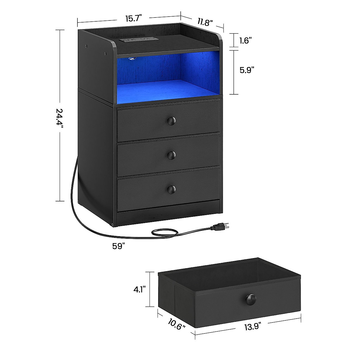 CHOEZON Nightstand with Charging Station and LED Light, Side Table with 3 Fabric Drawers Chest, End Table with USB Ports and Outlet, Bedside Table for Living Room, Bedroom, Black MBZ04UDBB