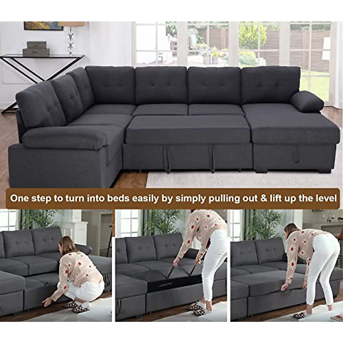 asunflower Sleeper Couch Sectional Sofa with Pull Out Sofa Bed for Living Room 6 Seater Sleeper Sectional Couch with Storage Chaise U Shape Modular Sectional Sofa Bed,Dark Gray