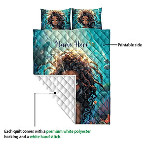 OhaPrints Personalized Black Teen Girl Quilt Bed Set, African American Mermaid Melanin Quilt Blanket & Pillowcases - King Queen Double Twin Throw Bedspread Bedding & Pillow Cover, Gift Afro Daughter