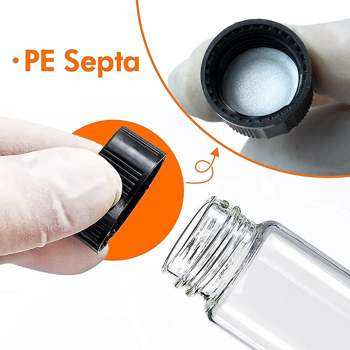 PEKYBIO Clear Glass Sample Vial, Liquid Sampling Sample Glass Bottle, 10ml(0.3OZ) Capacity, Sample Vial 22mm.I.D.* 52mm, 18-400 Thread Black Closed Top Screw Cap,PE Liner, Pack of 100