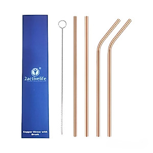 2activelife Copper Straws, Pure Copper Drinking Straws Gift Set Food Safe 8.5inch Long Handcrafts Bent and Straight Copper Straws with Cleaning Brush(2Bent+2Straight)