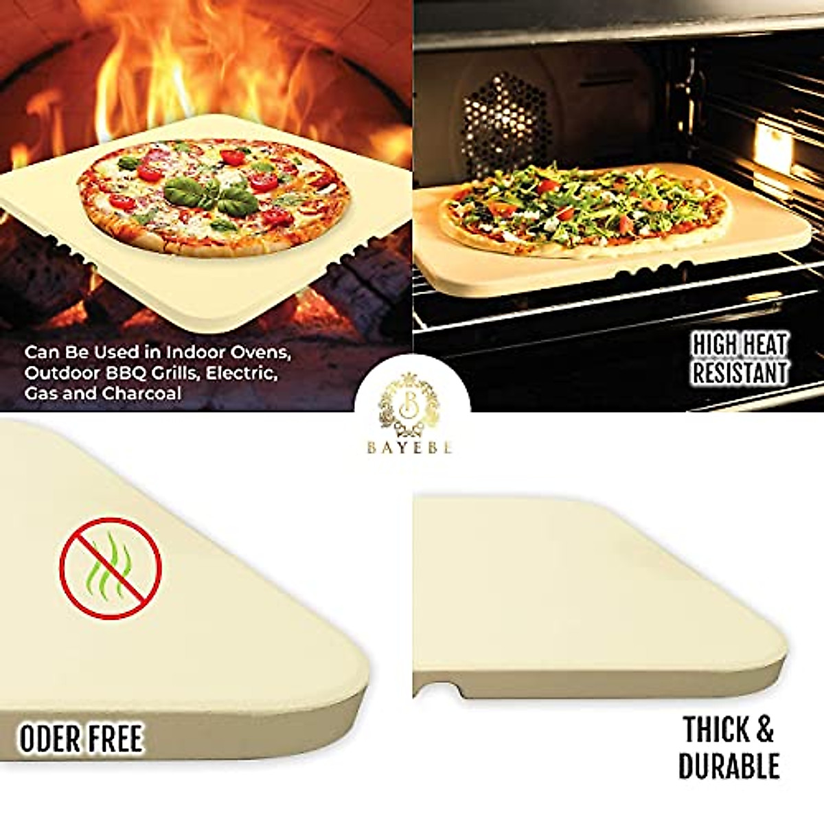 Pizza Stone 12" x 15" Rectangular Baking & Grilling Stone, Perfect for Oven, BBQ and Grill. Innovative Built - in 4 Handles Design - stone baking sheet, Baking Tray, Grilling Stone, Heavy Duty