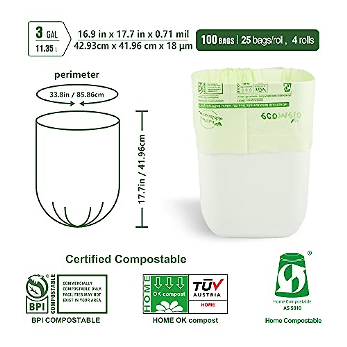 ecomelo Compostable Trash Bags, 3 Gallon/11.35 Liter, 100 count, Extra thick 0.71 Mils, Kitchen Food Scrap/Organic Waste Bags certified Biodegradable BPI ASTM D6400, HOME Compostable EN13432 & AS5810