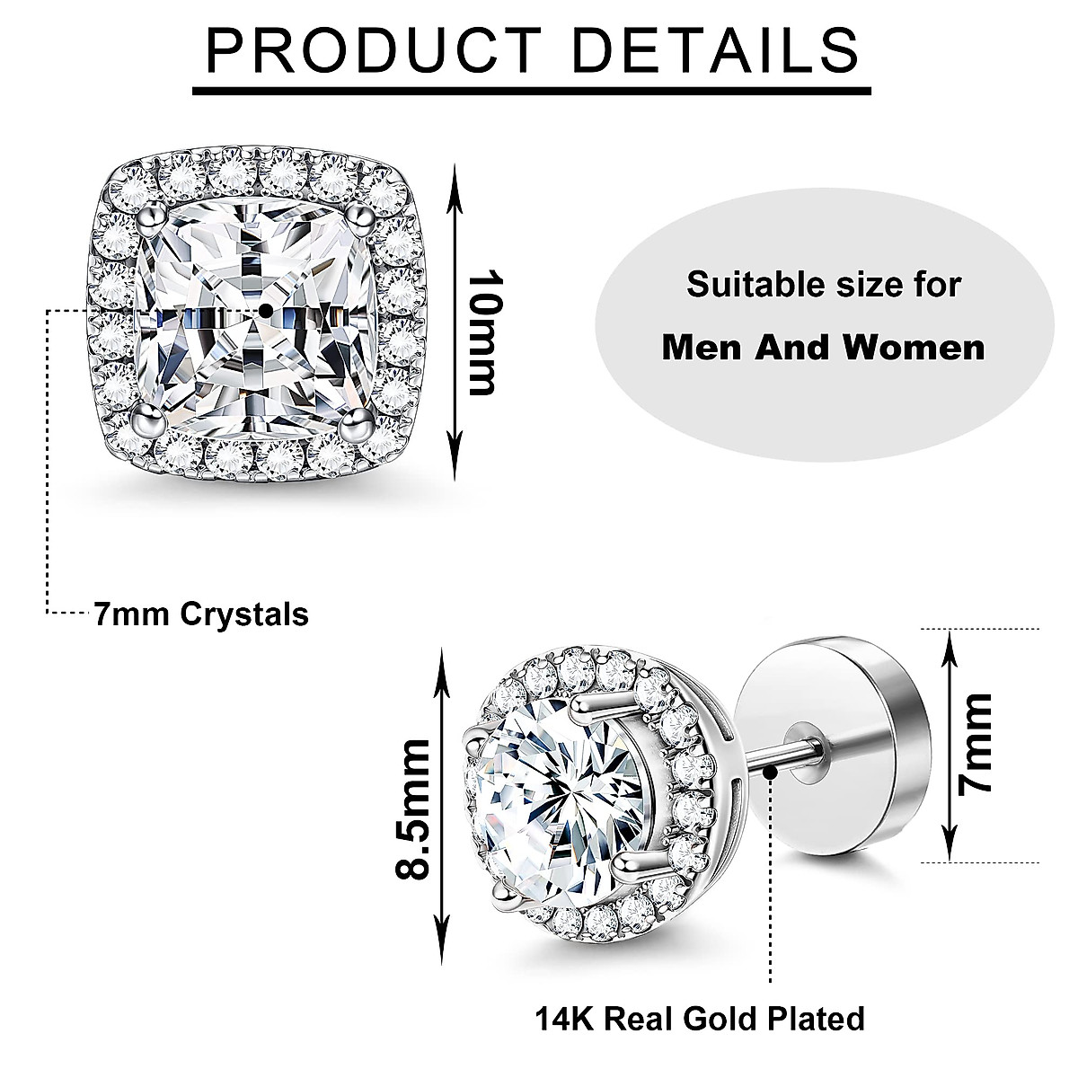 FASACCO 14K Flat Back Round Square Stud Earrings for Men Women Large Big Cubic Zirconia Stud Earrings Mens Earrings Flatback Earrings