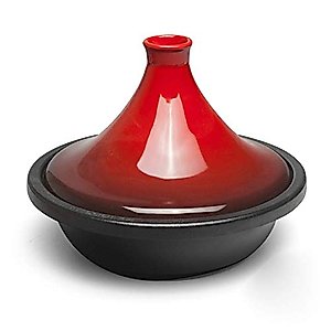 JINXIU Casserole Lead Free Cooking Tagine, Enameled Cast Iron Tagine Pot with Ceramic Lid 10.6" Tagine Cooking Pot with Anti-Hot Silicone Gloves (Color : Red)