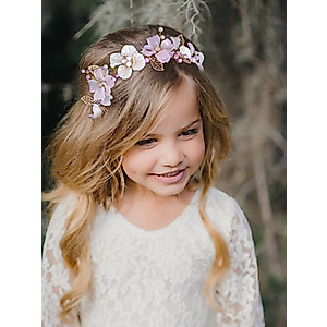 Campsis LED Flower Girl Headpiece Glowing Pearl Princess Light up Headband for Wedding Leaf Floral Crystals Frist Communion Hair Accessories Prom Birthday for Girls (Gold)