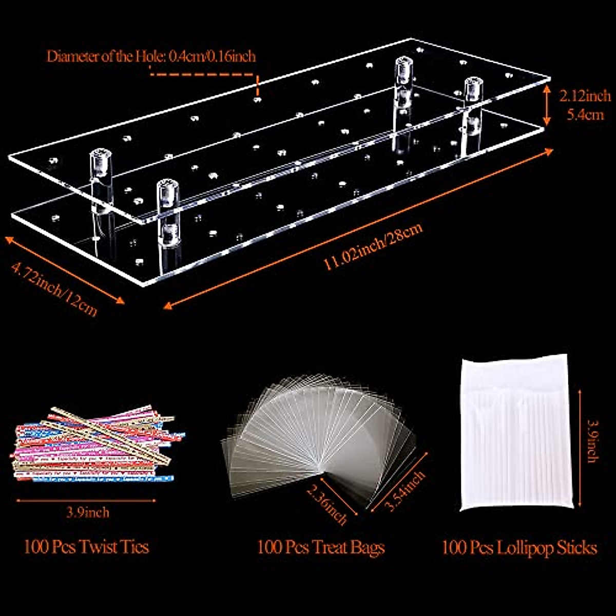 Acrylic Lollipop Holder, 21 Hole Cake Pop Stand Display Cake Pop Holder 100 Pcs Lollipop Sticks 100 Pcs Treat Bags 100 Pcs Twist Ties,Cake Candy Chocolate Making Decoration Supplies for Baby Showers Party Wedding Anniversaries