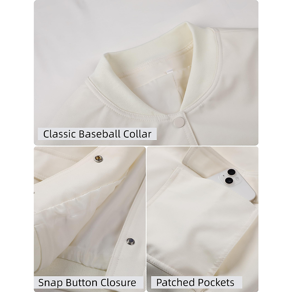 Springrain Womens Cropped Bomber Jacket Casual Varsity Jacket with Pockets Long Sleeve Outwear(Beige-S)