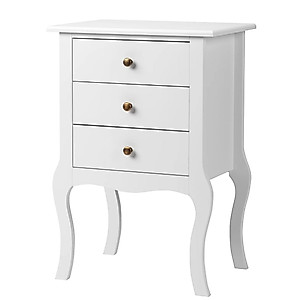 IKGH Night Stand, Retro Bedside Cabinet with 3 Large Storage Drawers and Solid Wood Curved Legs Living Room Bedroom Furniture,White