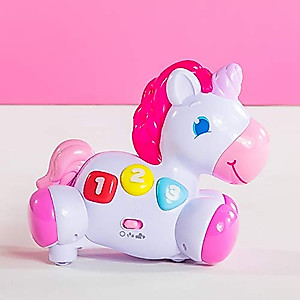 Bright Starts Rock & Glow Unicorn Crawling Baby Toy with Lights and Melodies, Age 6 Months +, Pink