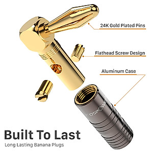 FosPower Right Angle Banana Plugs (2 Pairs / 4 pcs), Closed Screw 24K Gold Plated Banana Speaker Plug Connectors for Speaker Wire, Wall Plate, Home Theater, Audio/Video Receiver, and Sound Systems