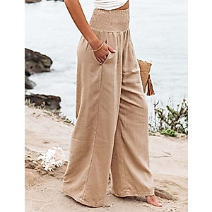 Mingzhu Women's Cotton Linen Loose Fit Palazzo Pants Casual High Waist Stretchy Wide-Leg Trousers with Pockets (0546-Khaki-L)